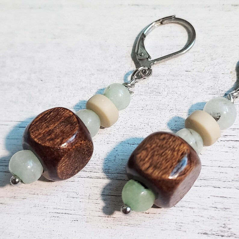 Wood, Polymer Clay, Amazonite Bead Dangle Earrings, Silver-tone ...