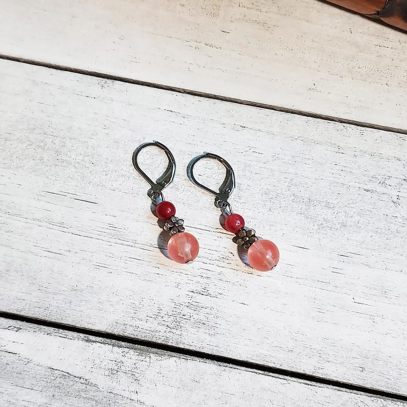 Cherry Quartz Bead Earrings, Silver Flower Accent, Petite Leverback - Etsy