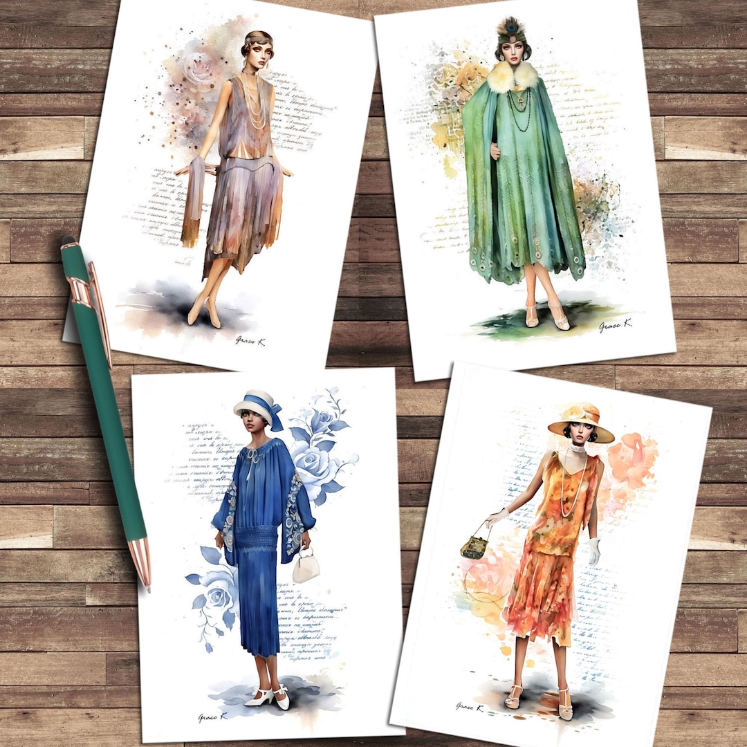 1920s Fashion Illustration Note Cards, Art Set of 4 - Etsy