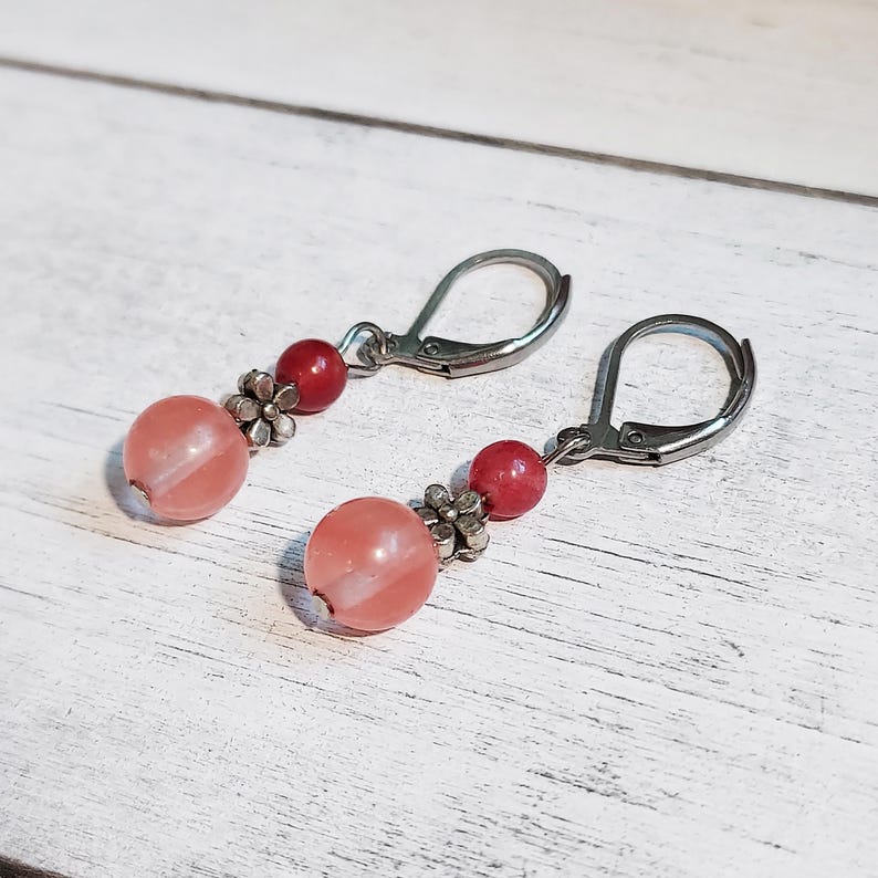 Cherry Quartz Bead Earrings, Silver Flower Accent, Petite Leverback - Etsy