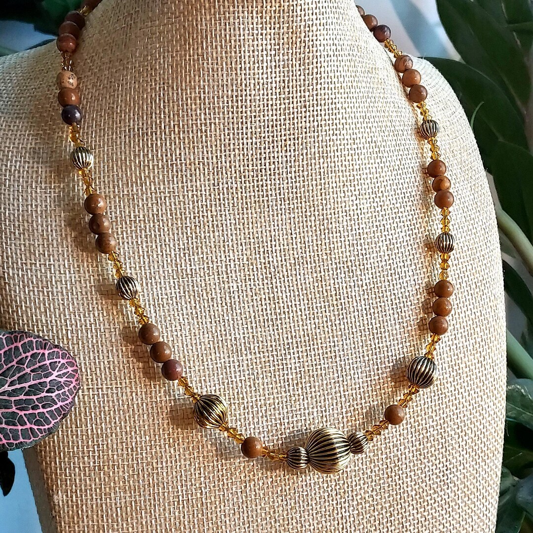 Necklace, Fluted Gold Beads, Jasper Beads, Faceted Glass Beads, Silver ...