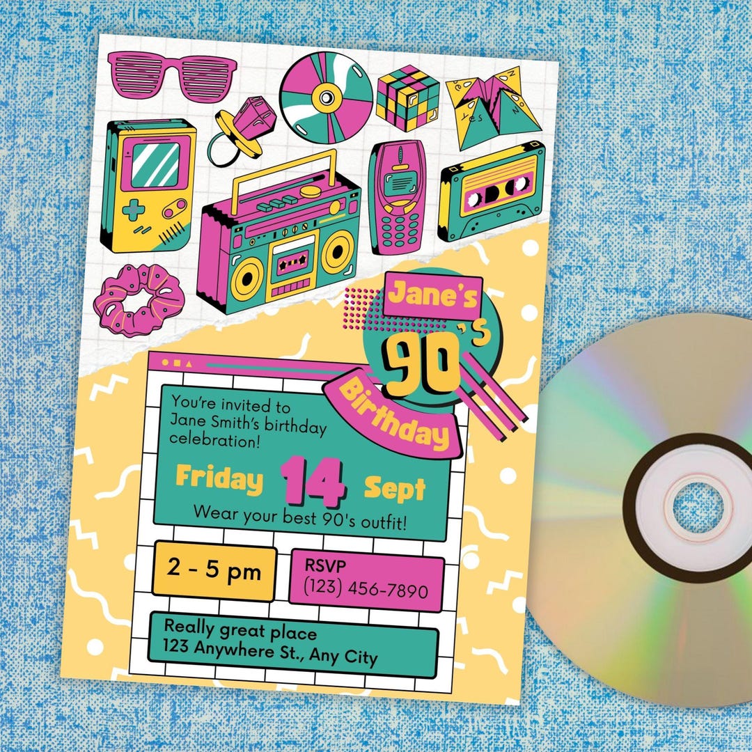 Totally Rad 90s-themed Birthday Party Customizable Invitation ...