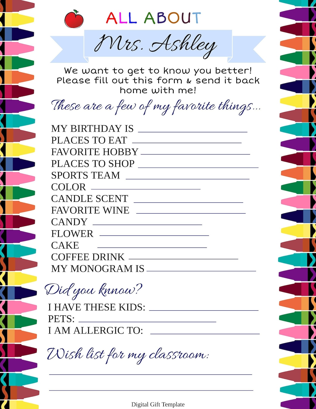 Editable Teacher Favorites, Printable Teacher Appreciation, Back to ...