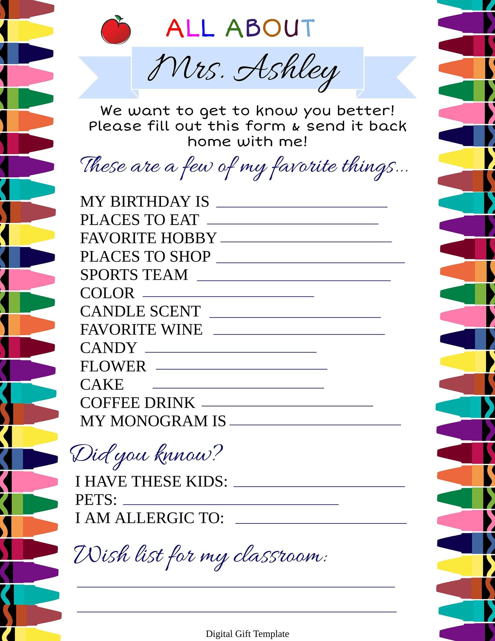 Editable Teacher Favorites, Printable Teacher Appreciation, Back to ...