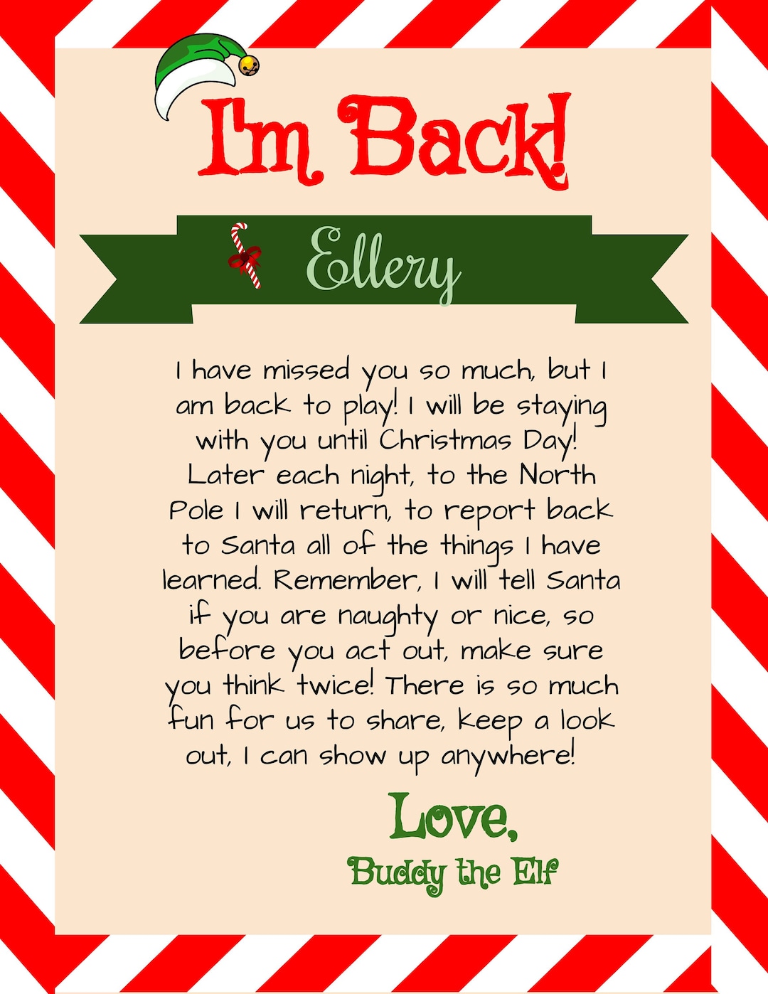 Editable Elf I'm Back Letter, Elf Printable Template, Christmas Return ...
