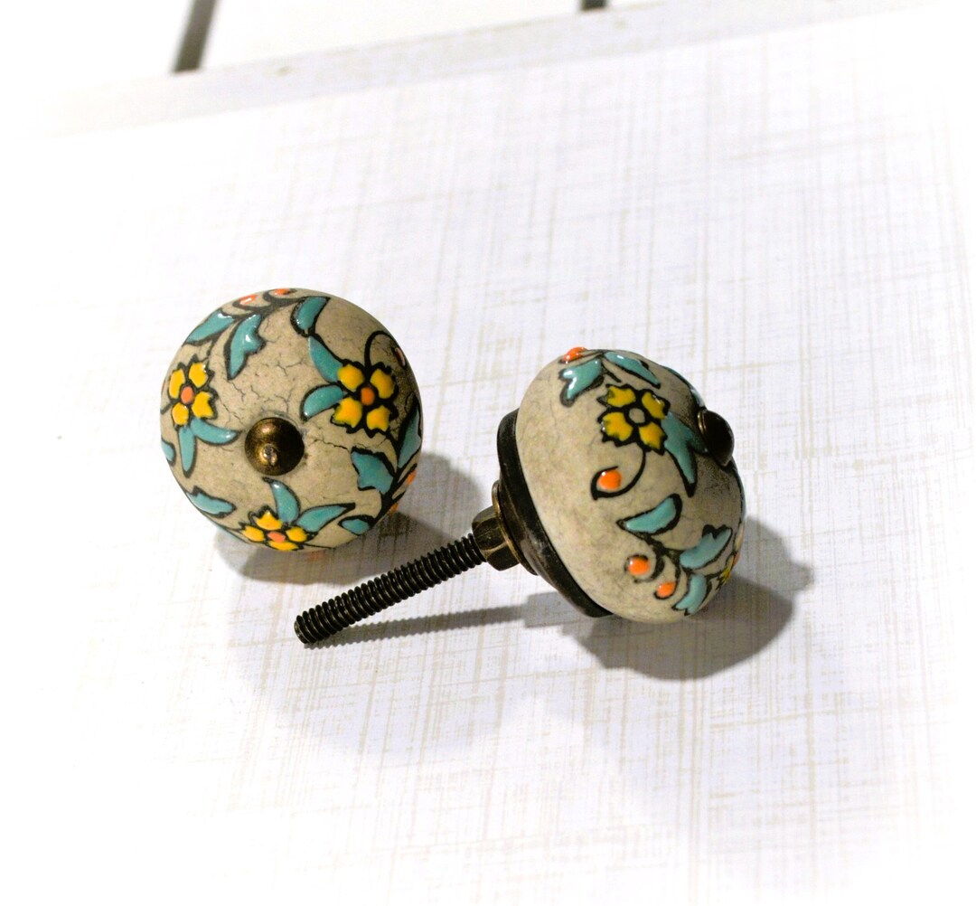 Yellow and Blue Floral Knob, Stone Greige Flower Drawer Pull, Yellow Furniture Knob, Turquoise ...