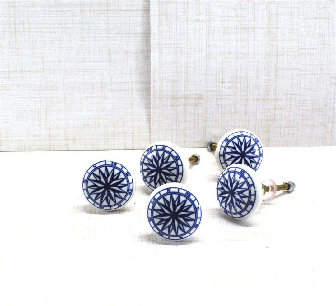Blue and White Compass Knob, Compass Drawer Pull, Blue Nautical ...