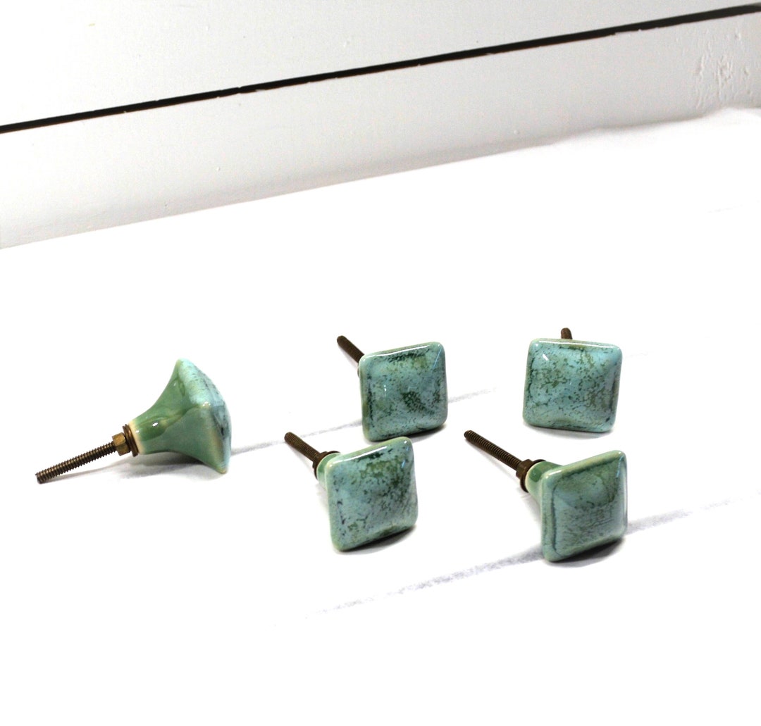 Green Sea Glass Square Ceramic Knob, Coastal Drawer Pull, Green Glass Cabinet Handle, Cabinet ...