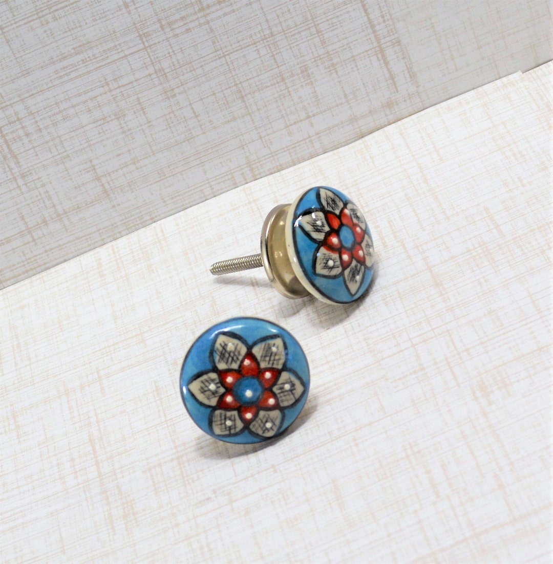 Black Blue and Red Flower Knob, Floral Drawer Pull, Cabinet Hardware - Etsy