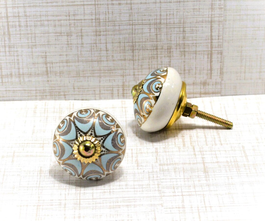 Blue and Brass Ceramic Knob, Gold Star Drawer Pull, Cabinet Hardware - Etsy