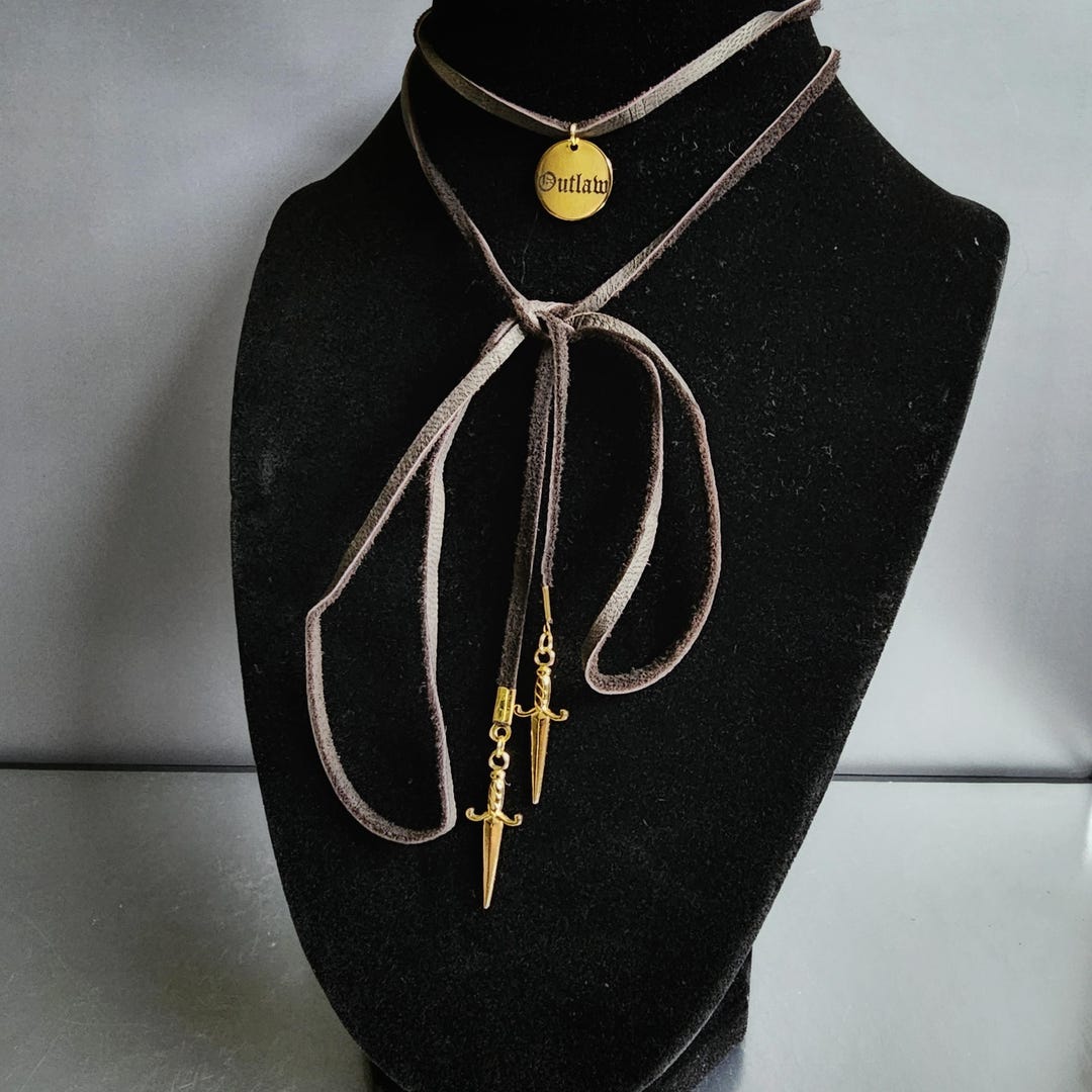 Gold Outlaw Pendant & Dagger Choker Suede Tie Necklace, Southern Rebel ...