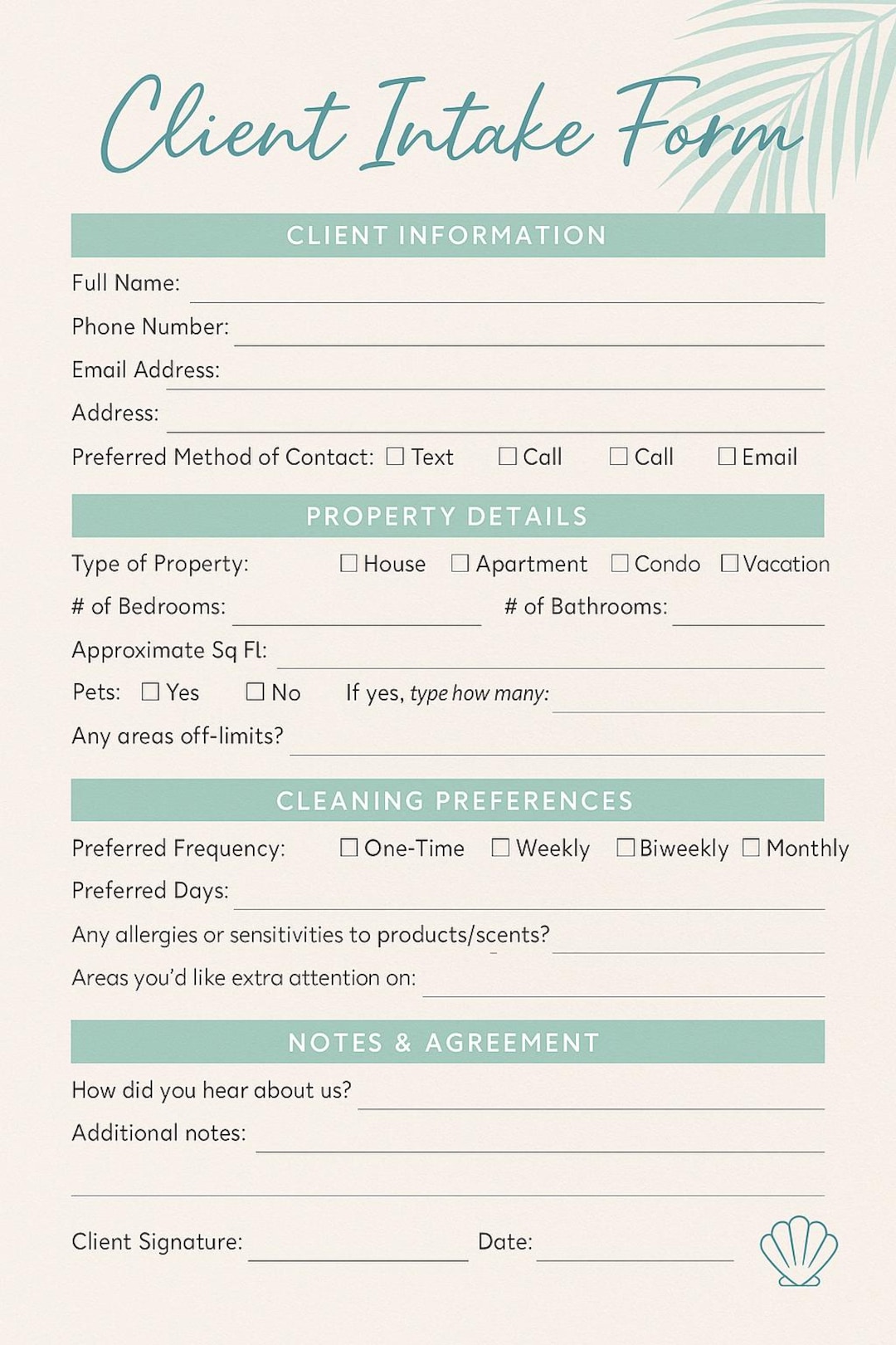 Printable Client Intake Form for Cleaning Services | New Client Sheet ...