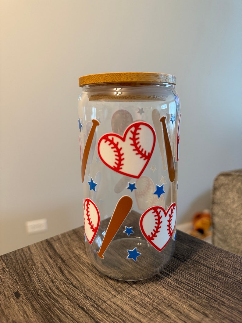 Baseball Love 16oz Can Glass W/ Glass Straw & Bamboo Lid! - Etsy