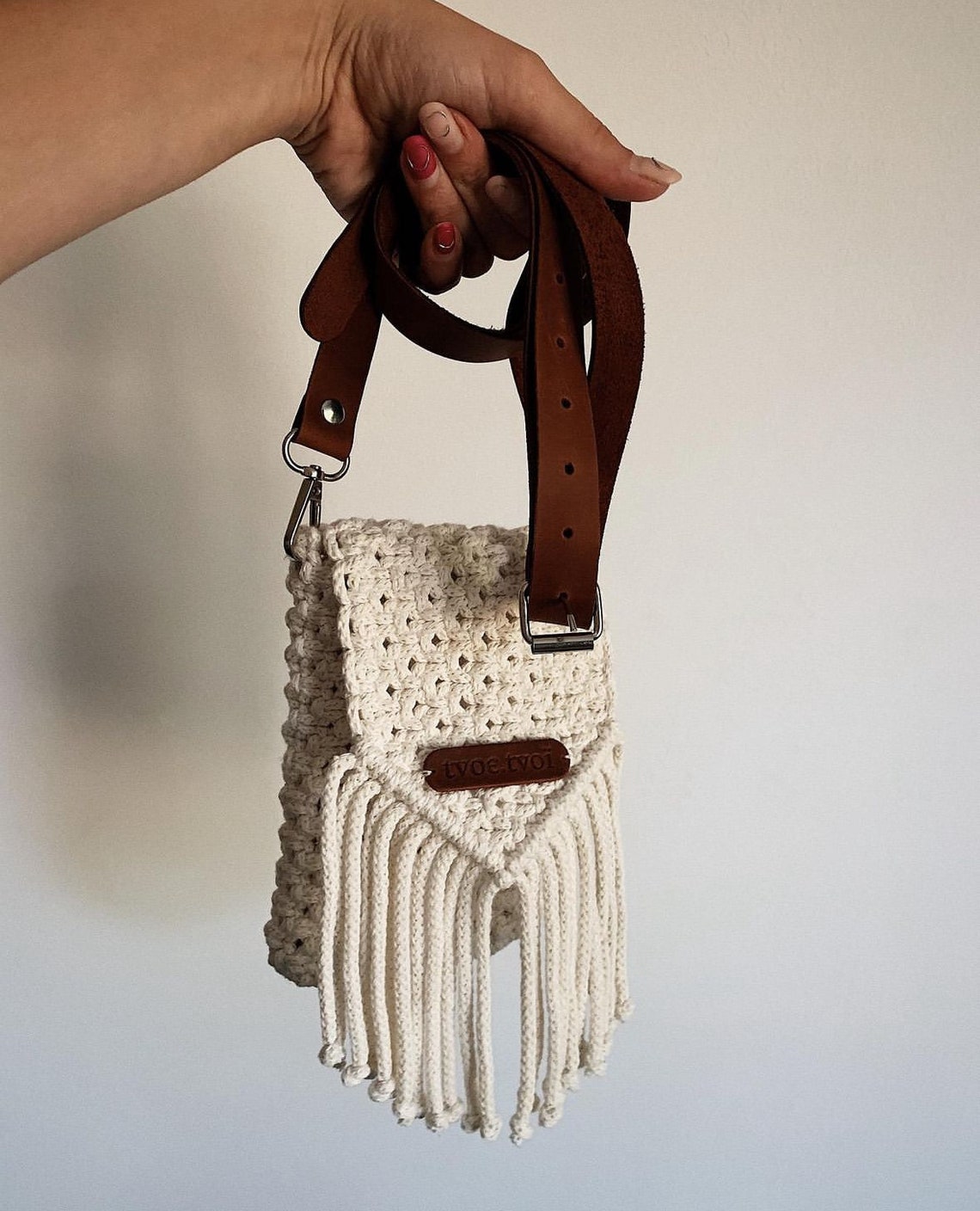 Mini-bag Cell Phone Case Macrame Cotton Bag With a Leather Strap - Etsy
