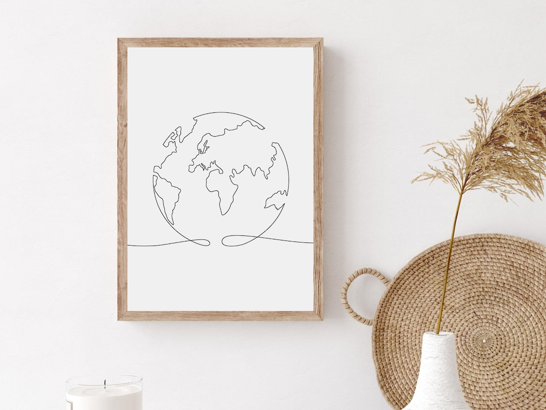 Minimalist World Map Line Art Print, Abstract Single Line (digital ...