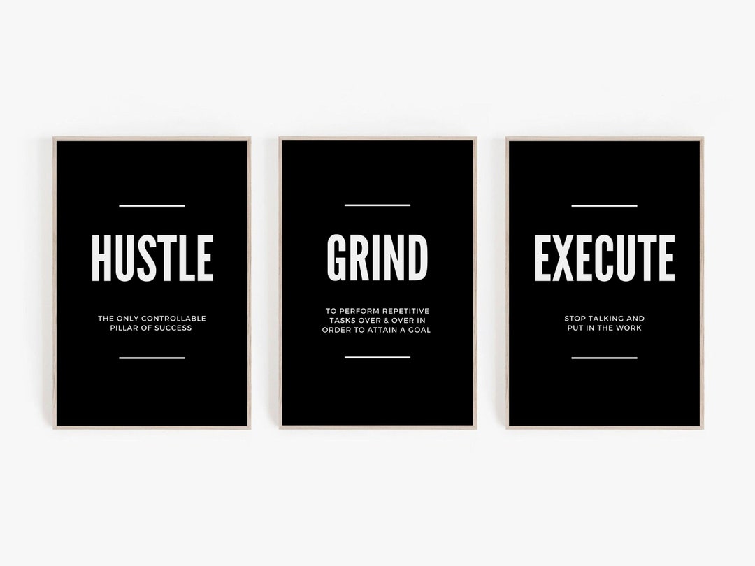 Hustle Grind Execute Print Set, Motivational Office Wall Art, Black Gym ...
