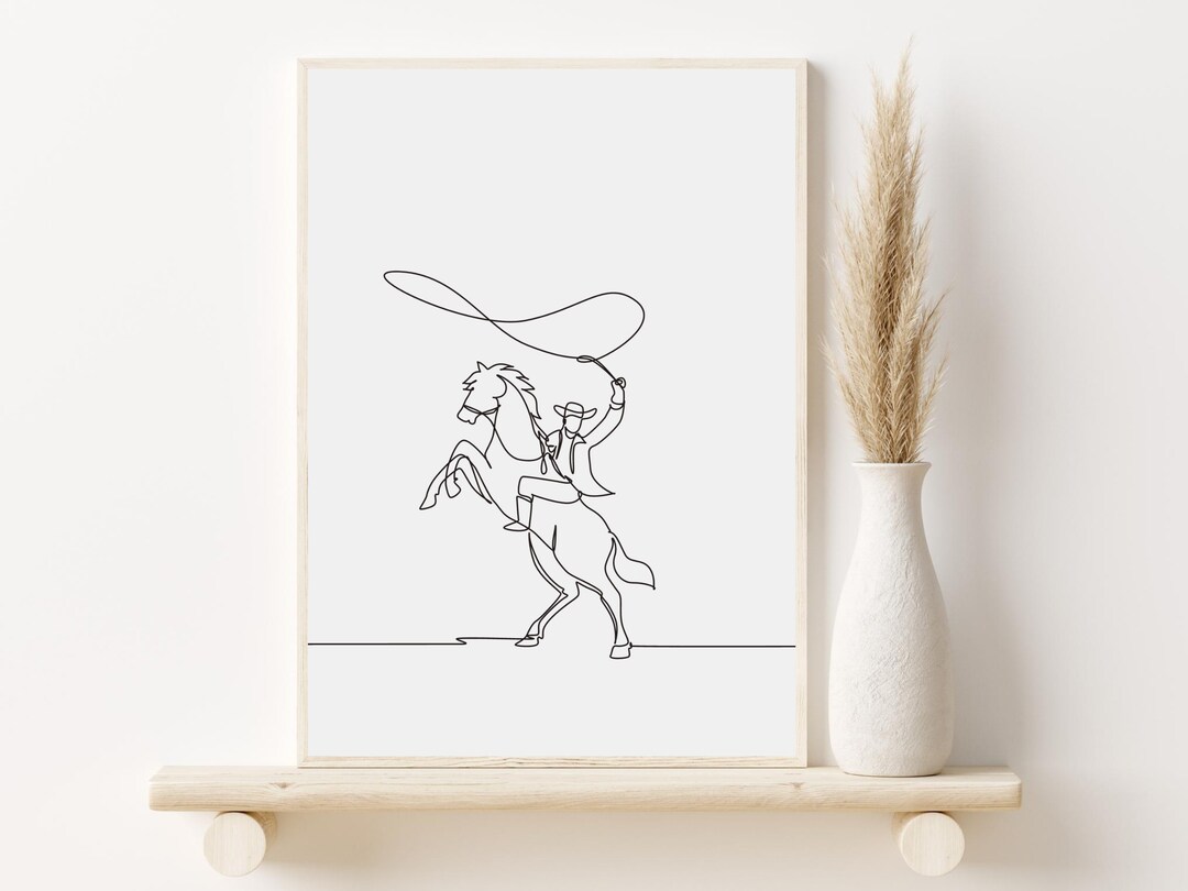 Minimalist Western Line Art, Cowboy Wall Print, Printable Horseback ...