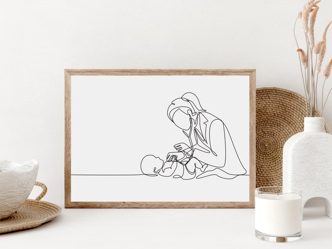 Pediatrician and Baby Line Art Print, Pediatrics Clinic Decor (digital ...