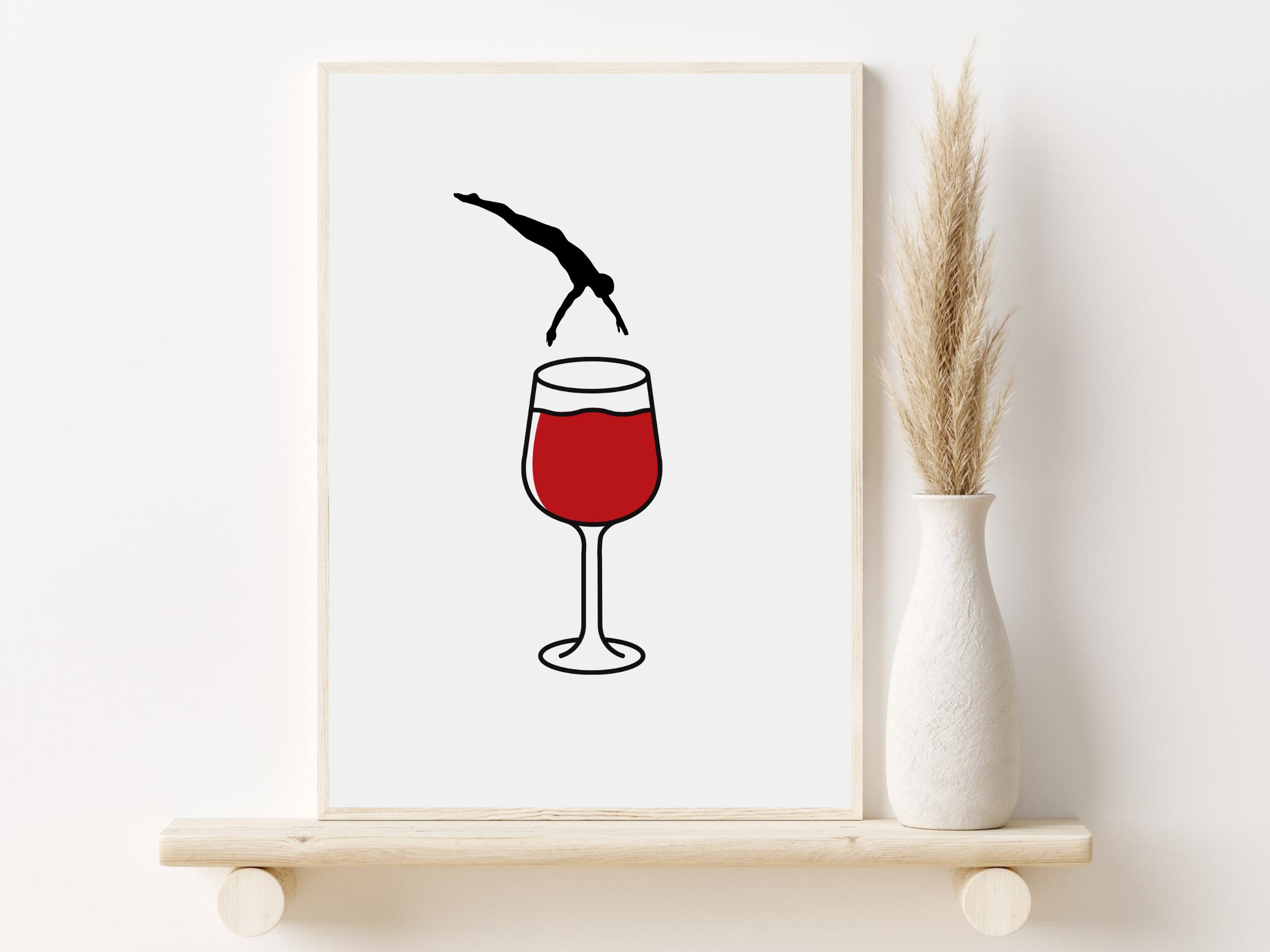 Diving in Wine Print, Fine Line Wine Wall Art, Bar Kart Prints, Kitchen ...