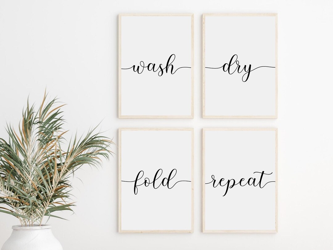 Laundry Room Wall Art Set of 4, Wash Dry Fold Repeat Print, Printable ...