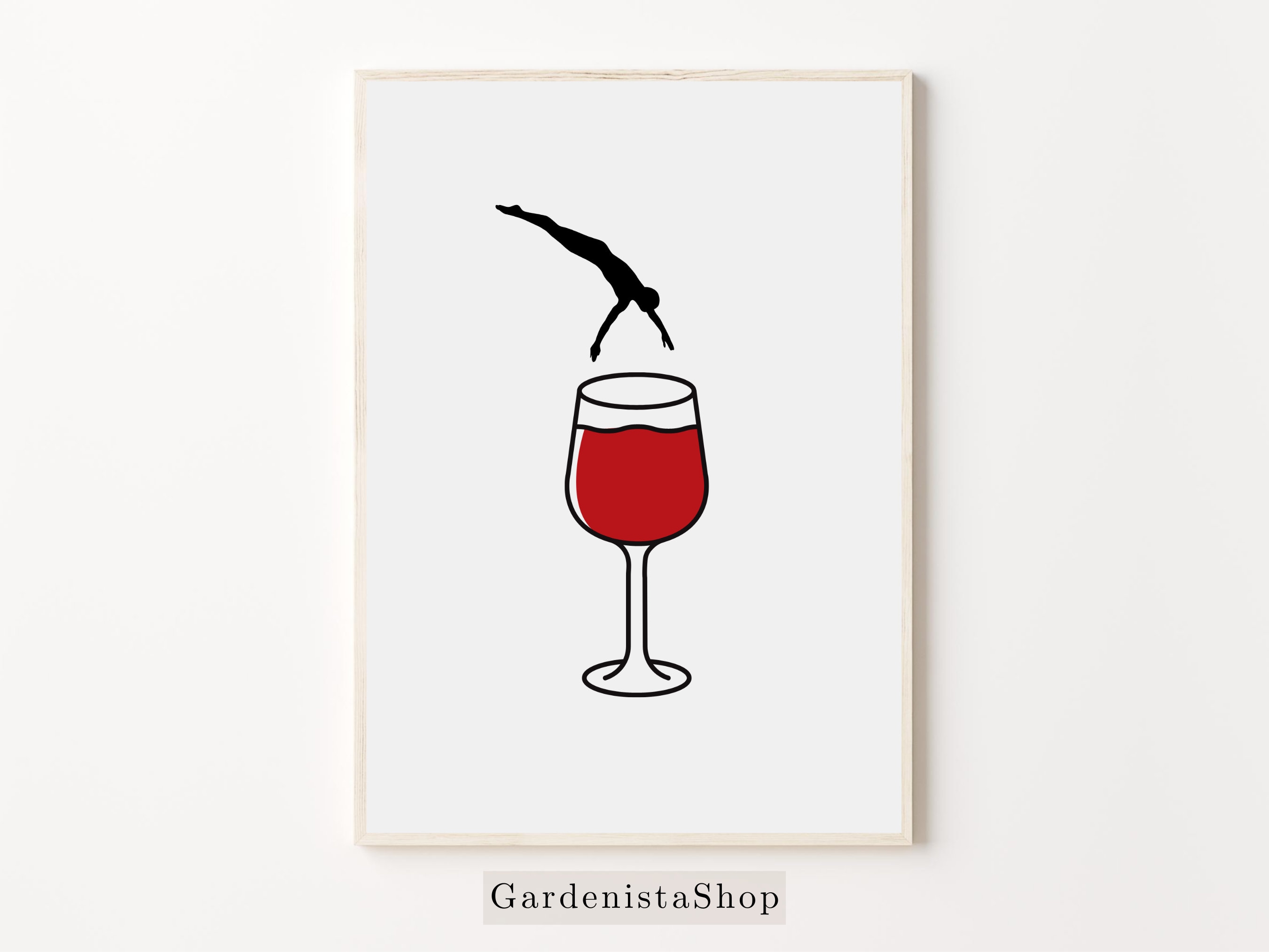 Diving in Wine Print, Fine Line Wine Wall Art, Bar Kart Prints, Kitchen ...