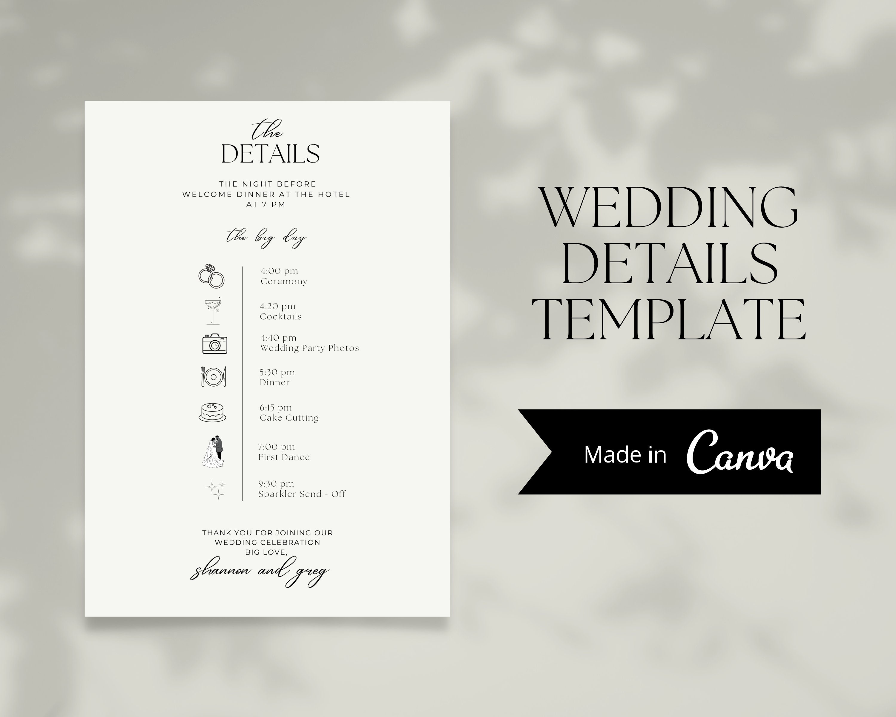 Minimalist Wedding Details Card Template, Wedding Canva Template ...