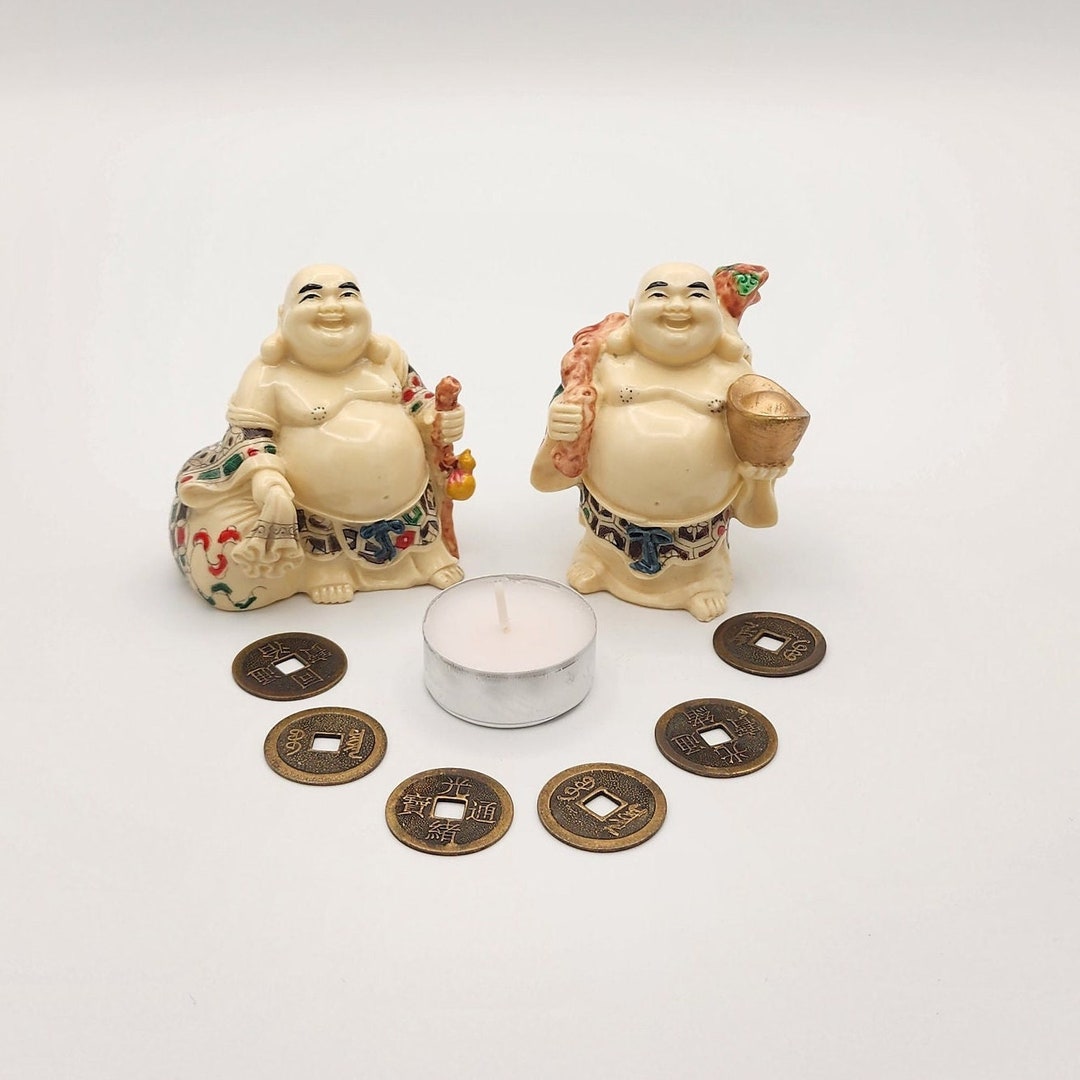 Two Feng Shui Laughing Buddha Statues With Six Chinese Coins and Candle ...