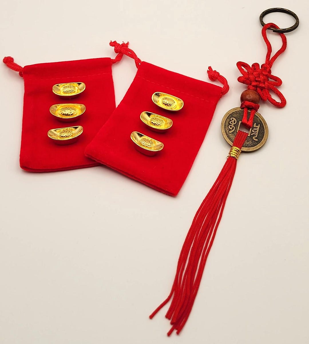 Feng Shui Mystic Knot & Gold Ingots Set Two Red Pouches, Chinese Coin ...