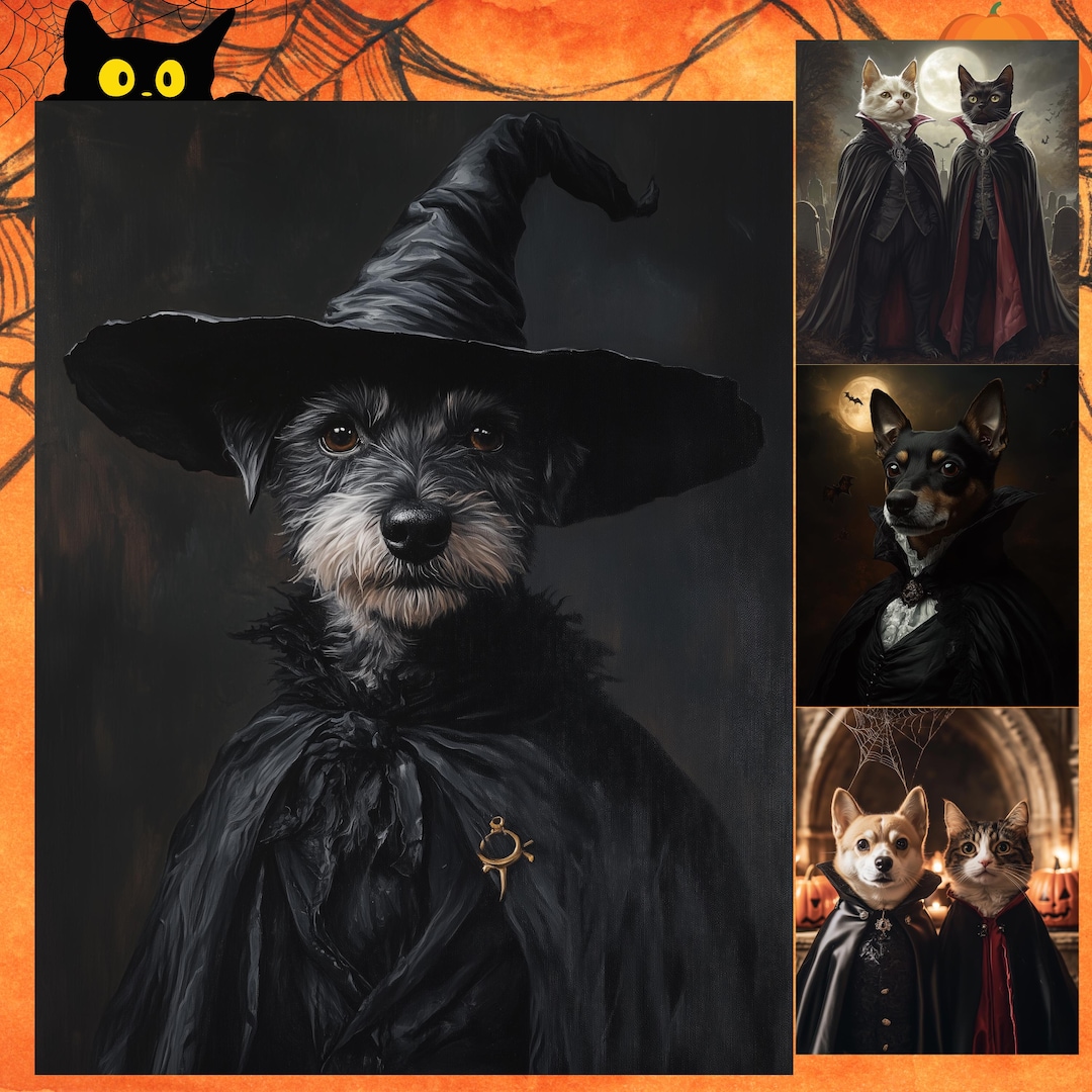 Custom Halloween Pet Portrait, Witch-themed Pet Art, Digital Portrait ...
