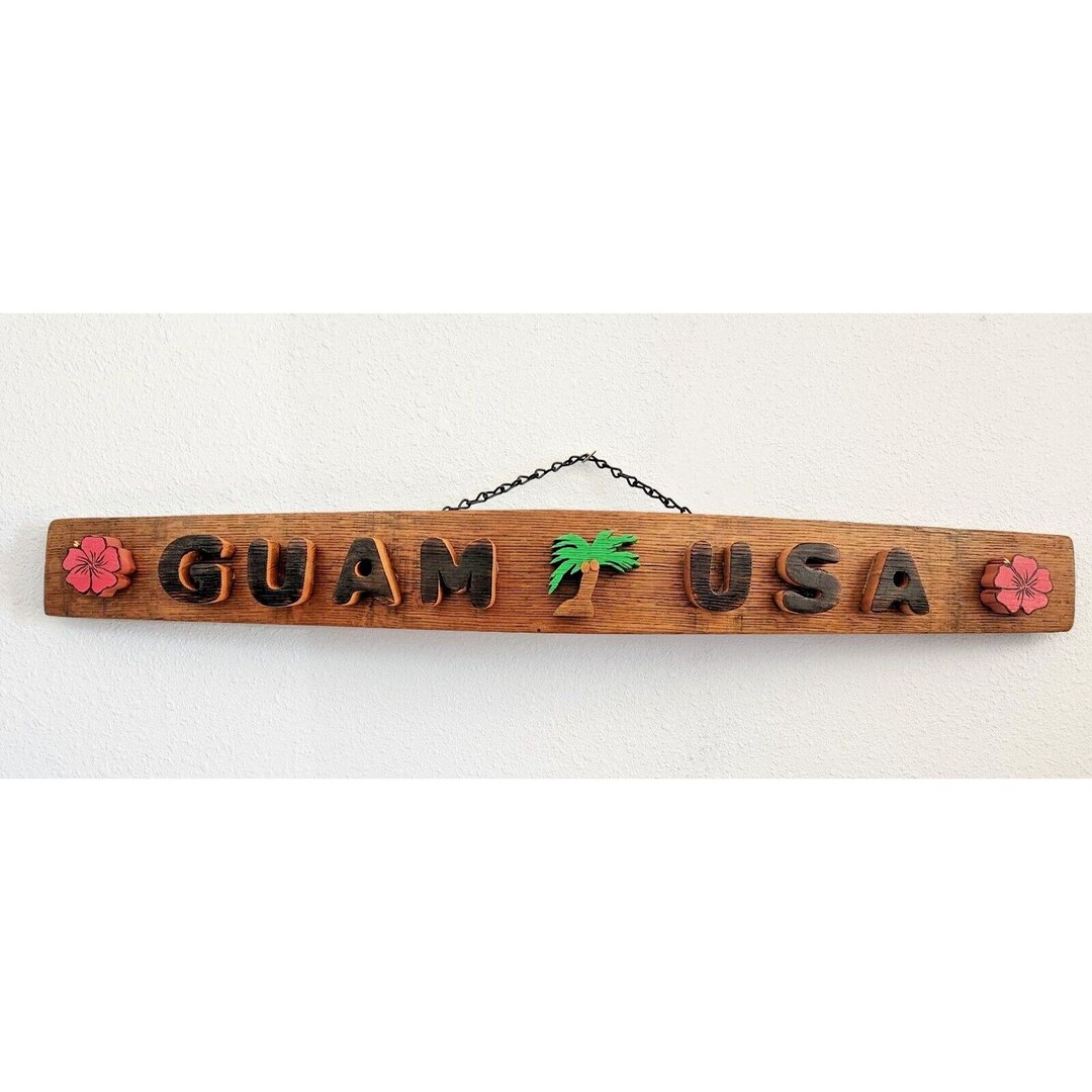 Wood Sign Wine Stave Says "guam Usa" Flowers Palm Tree Letters Cut ...