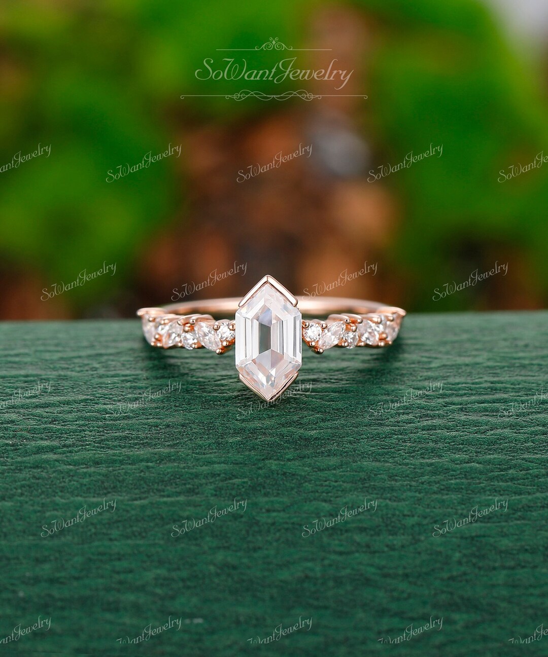 Hexagon Cut Moissanite Engagement Ring, Half Eternity Micro Pave Ring, Rose Gold Promise ...