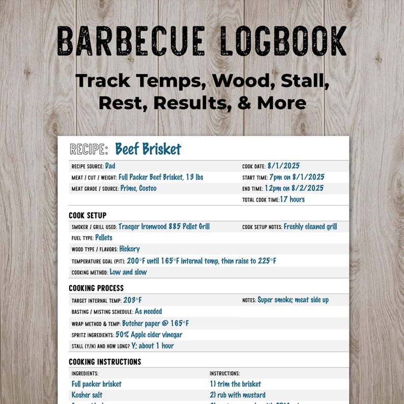 Printable BBQ Logbook & Smoker Journal | Digital Barbecue Recipe ...