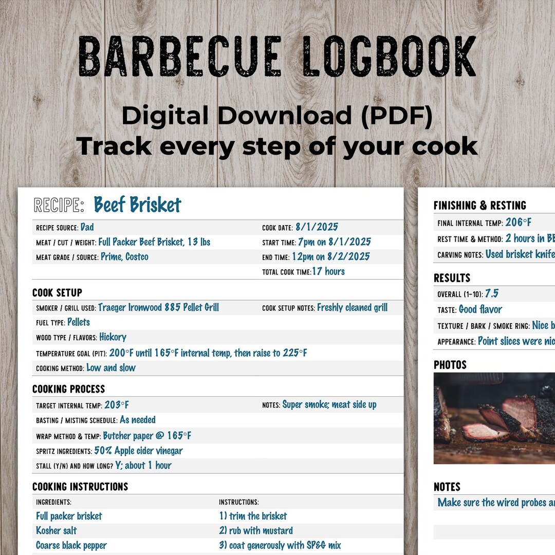 Printable BBQ Logbook & Smoker Journal | Digital Barbecue Recipe ...
