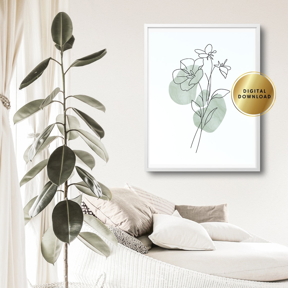 Sage Green Wall Art One Line Drawing Botanical Line Art Set of 3 Prints ...