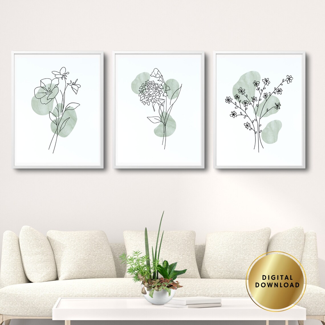 Sage Green Wall Art One Line Drawing Botanical Line Art Set of 3 Prints ...