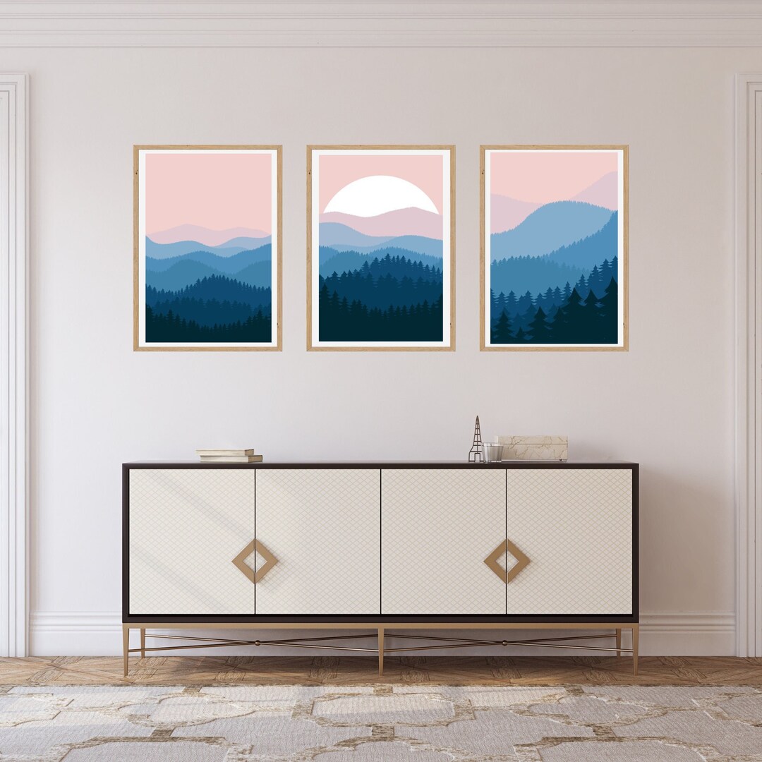 Printable Mountain Triptych Print Set of 3 Pink Navy Art - Etsy