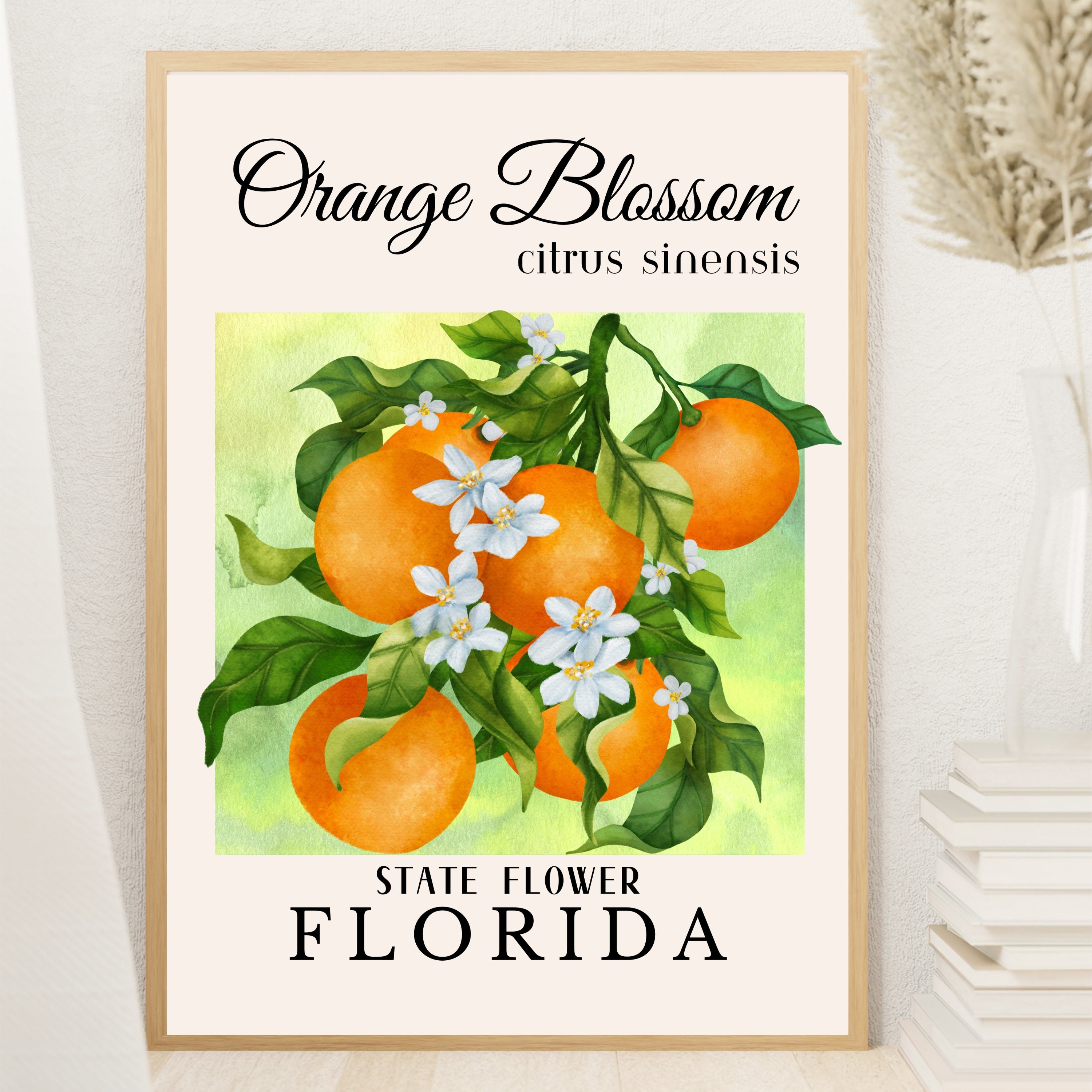 US State Flower Art Florida Print Orange Blossom Art Lime Green ...