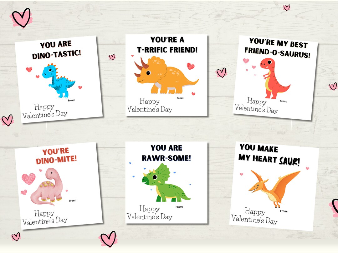 Printable Dinosaur Valentine's Cards, Dinosaur Classroom Valentine's ...