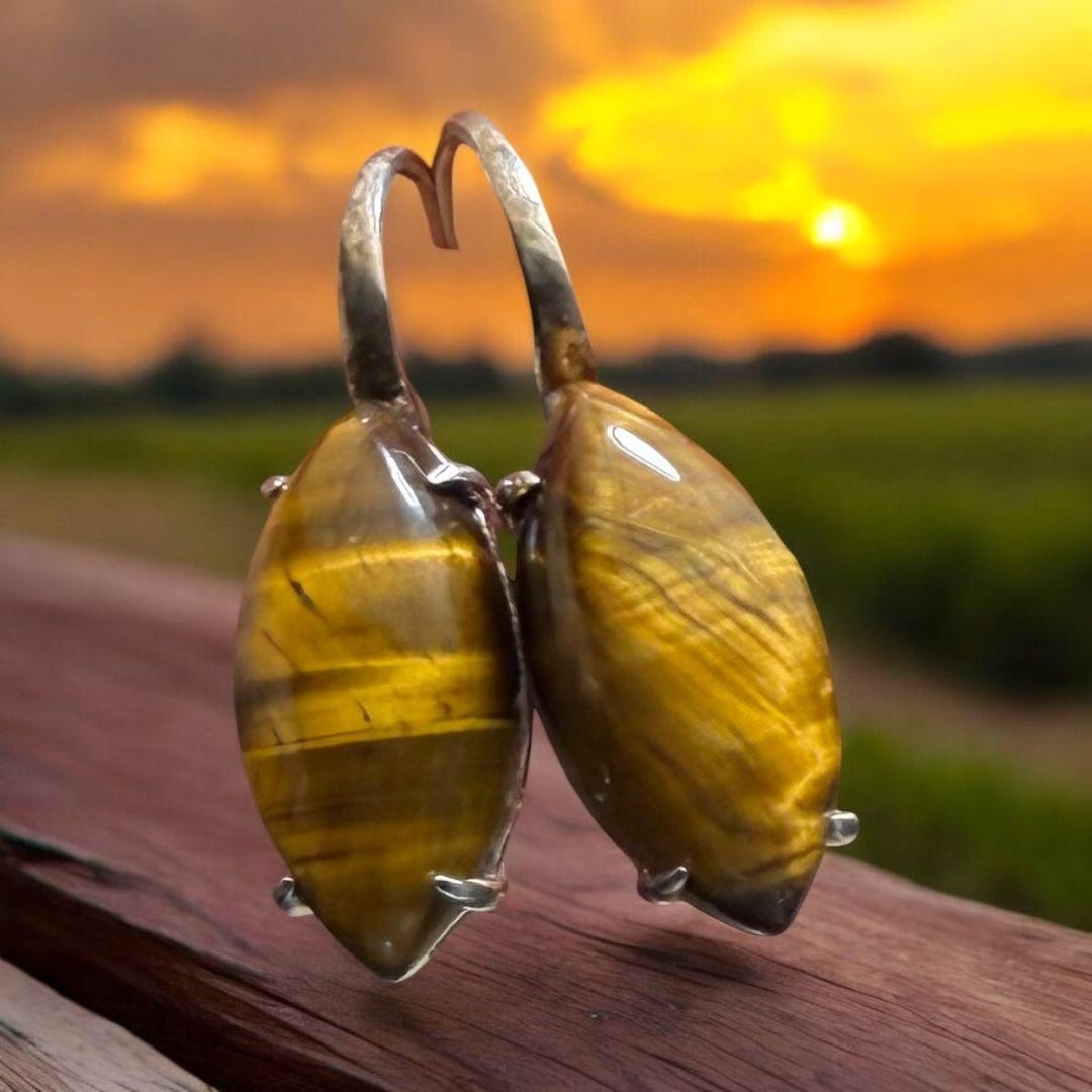 Vtg Prong Set Tiger's Eye Cabochon Gem Sterling Silver Hook Pierced ...