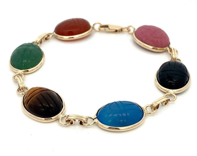 Vintage 14k Solid Yellow Gold Carved Scarab Gemstones Link Bracelet ~ 7 ...