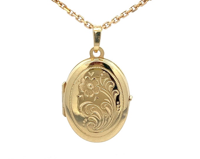 Solid 14k Yellow Gold Oval Locket- Floral Flowers Design~ Made in ...