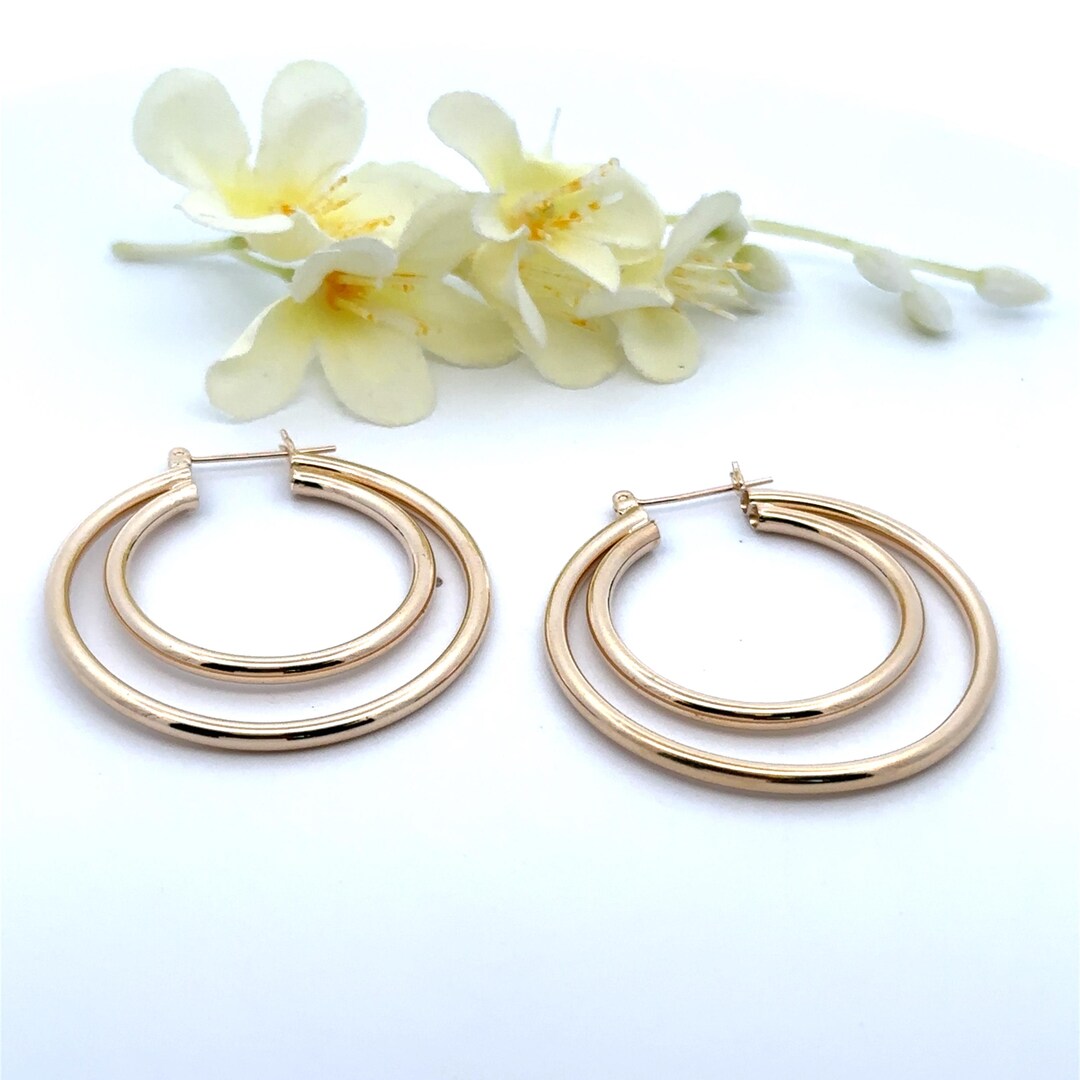 Double 14k Yellow Gold Snap Clasp Hoop Earrings - Large Round Hoops ...