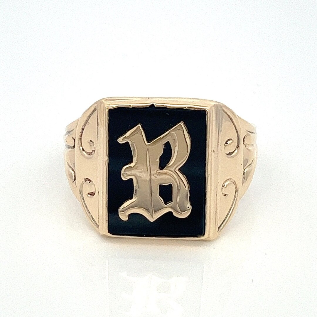 Men's Large Black Onyx Letter R Signet Ring- 10K Yellow Gold- Vintage ...