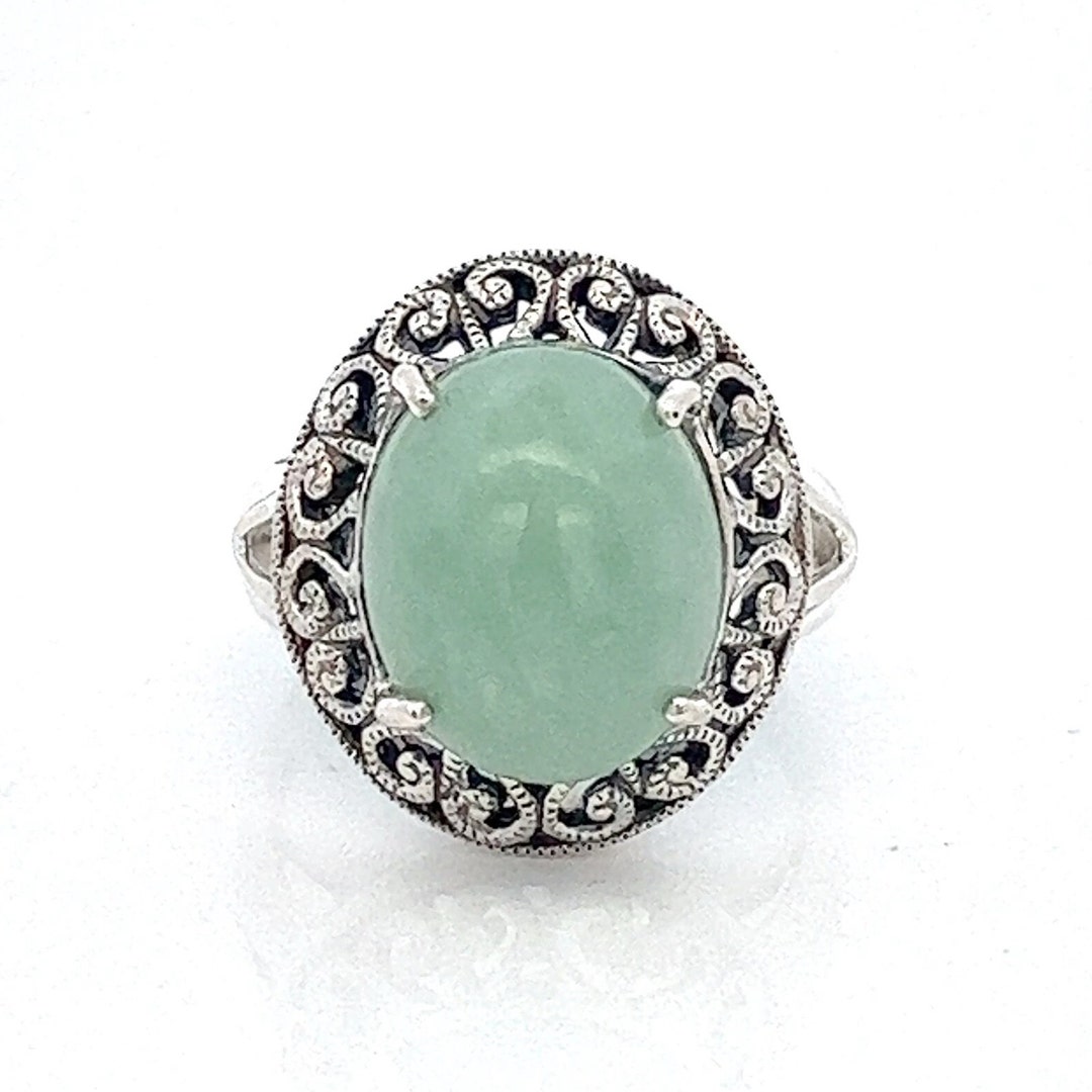 Oval Light Green Jade Sterling Silver Ring ~ Filigree Design - Vintage ...