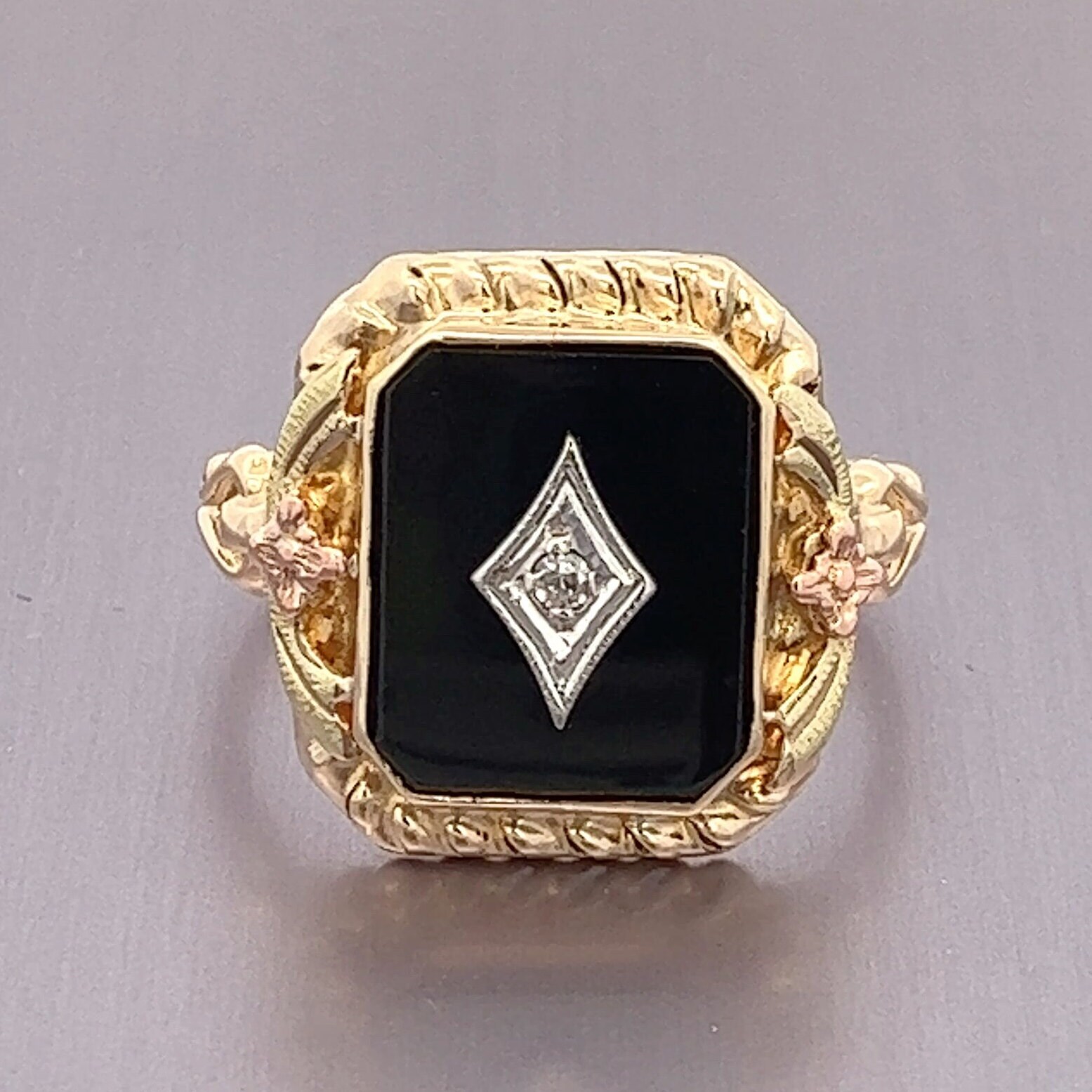 Vintage Rectangular Onyx and Diamond Flower Art Deco Ring 10K - Etsy
