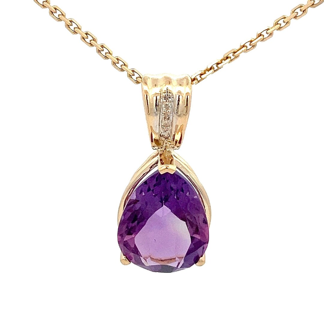Pear Shaped Amethyst and Natural Diamonds 14k Yellow Gold Enhancer ...