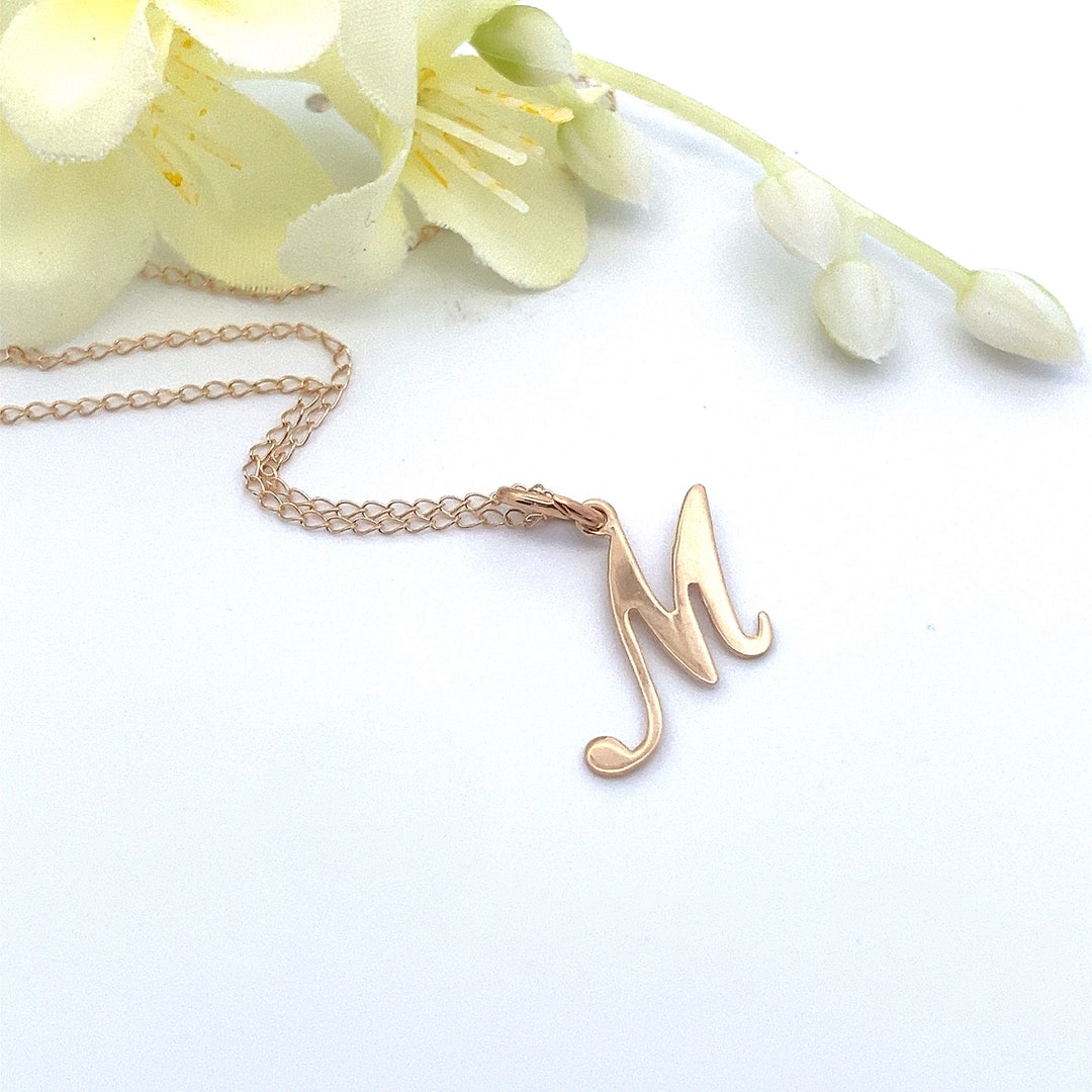 14k Script Letter M Initial Gold Pendant Charm Necklace on 15" Cable ...