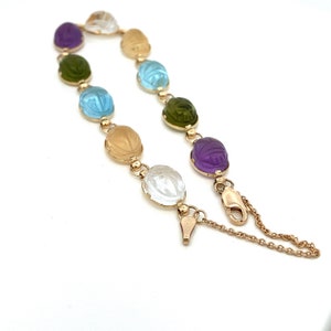 Dainty 14K Yellow Gold Link Bracelet With Multi Colored Gemstones ...