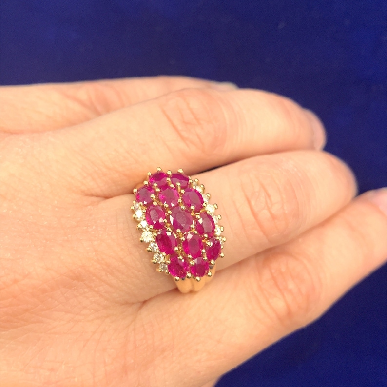 Vintage Ruby Diamond Cluster Ring: 14k Yellow Gold Wedding Band- ET1046 ...