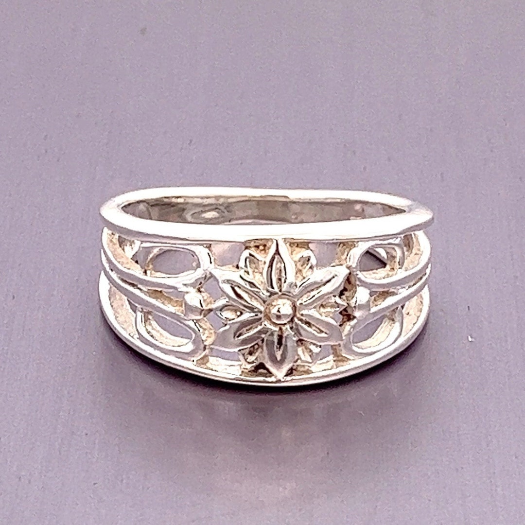 Modern Open Faced Floral Filigree Design Wide Sterling Silver 925 Ring ...